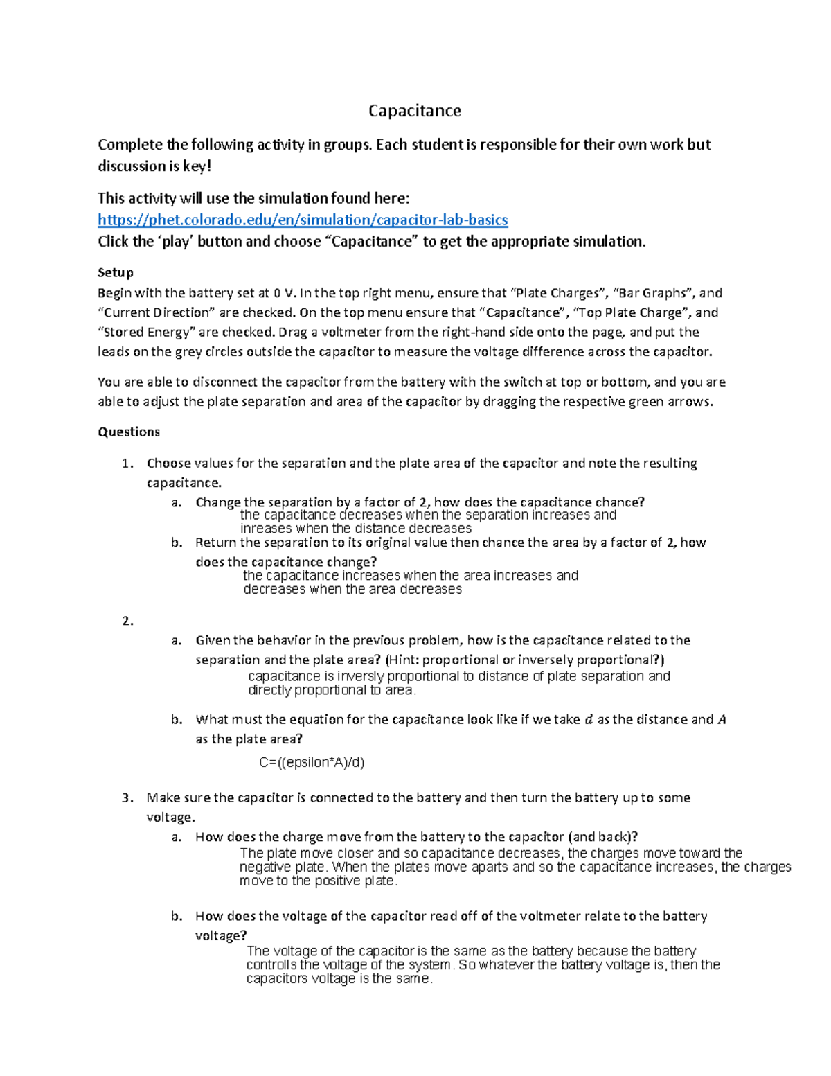 Physics 137 Capacitance Activity Worksheet - Capacitance Complete the ...
