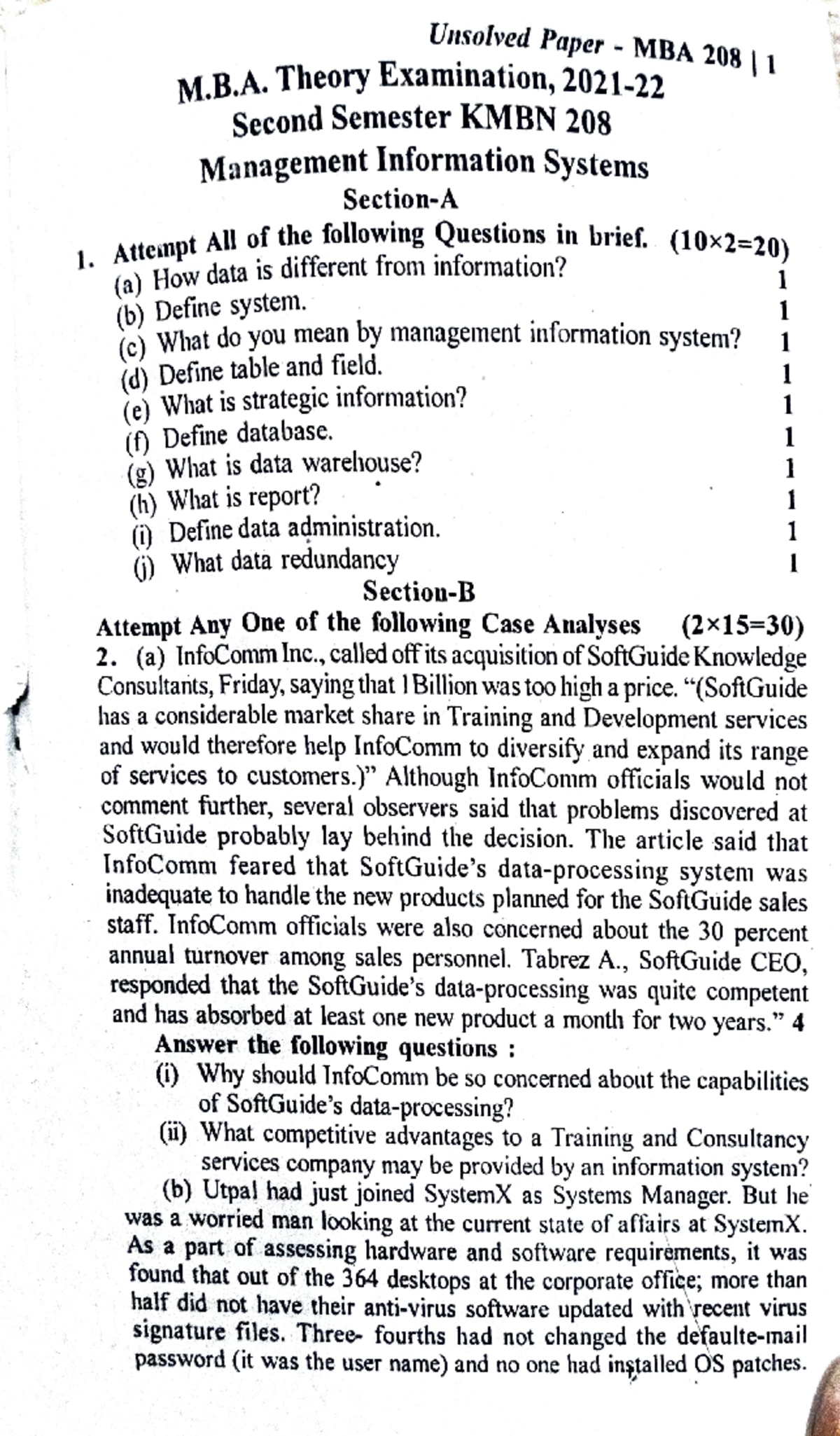 MIS question BANK - Notes - M.B. Theory Examination, 2021- Second ...