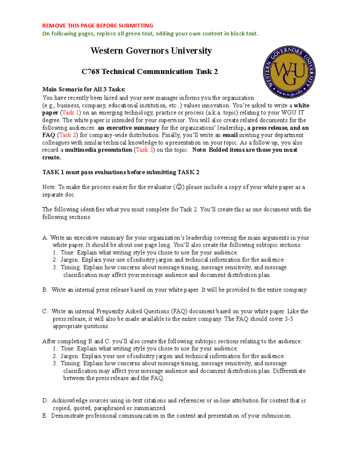 Updated C768 Technical Communication Task 2 Guide - REMOVE THIS PAGE ...