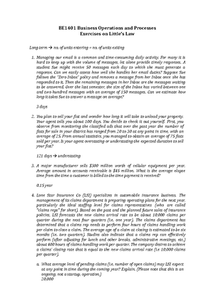 Exercises on Little's Law - BE1401 Business Operations and Processes Exercises on Little’s Law ...