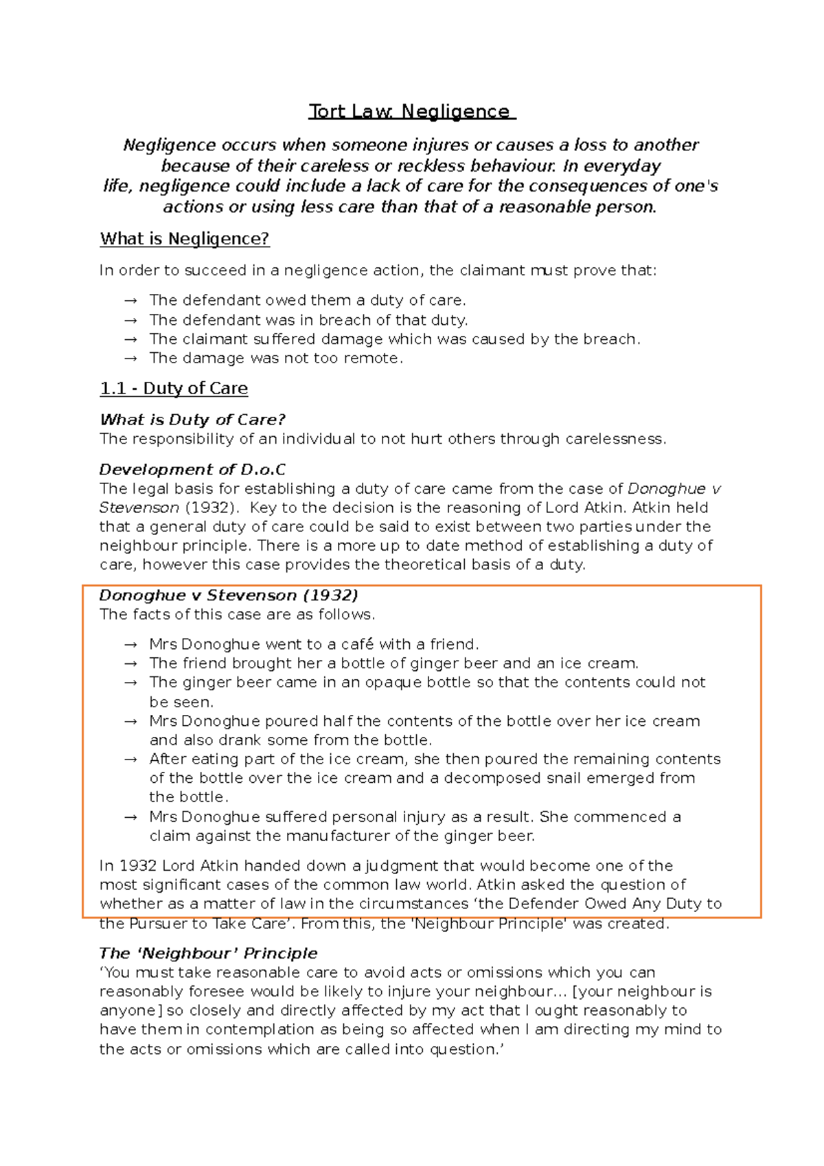 Comprehensive Negligence Notes - Tort Law: Negligence Negligence occurs ...