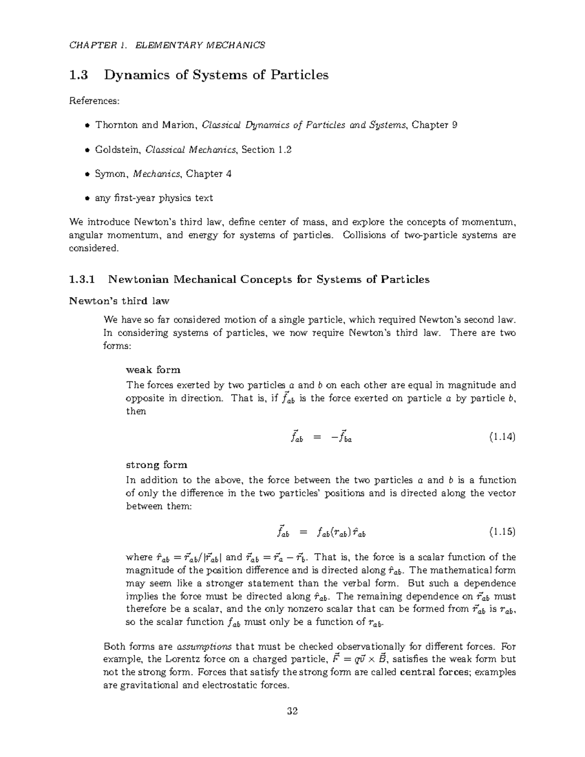 Dynamics of Systems of Particles - CHAPTER 1. ELEMENTARY MECHANICS 1 Dynamics of Systems of ...