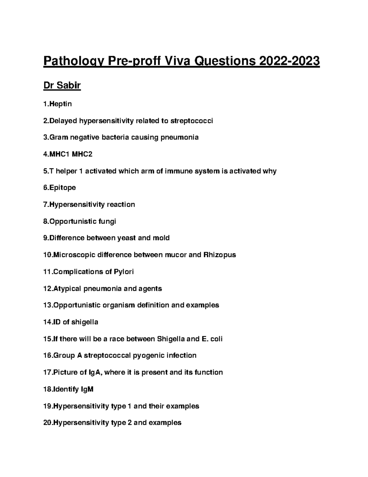 Pathology Pre-proff Viva Questions 2022-2023 - coli 16 A streptococcal ...