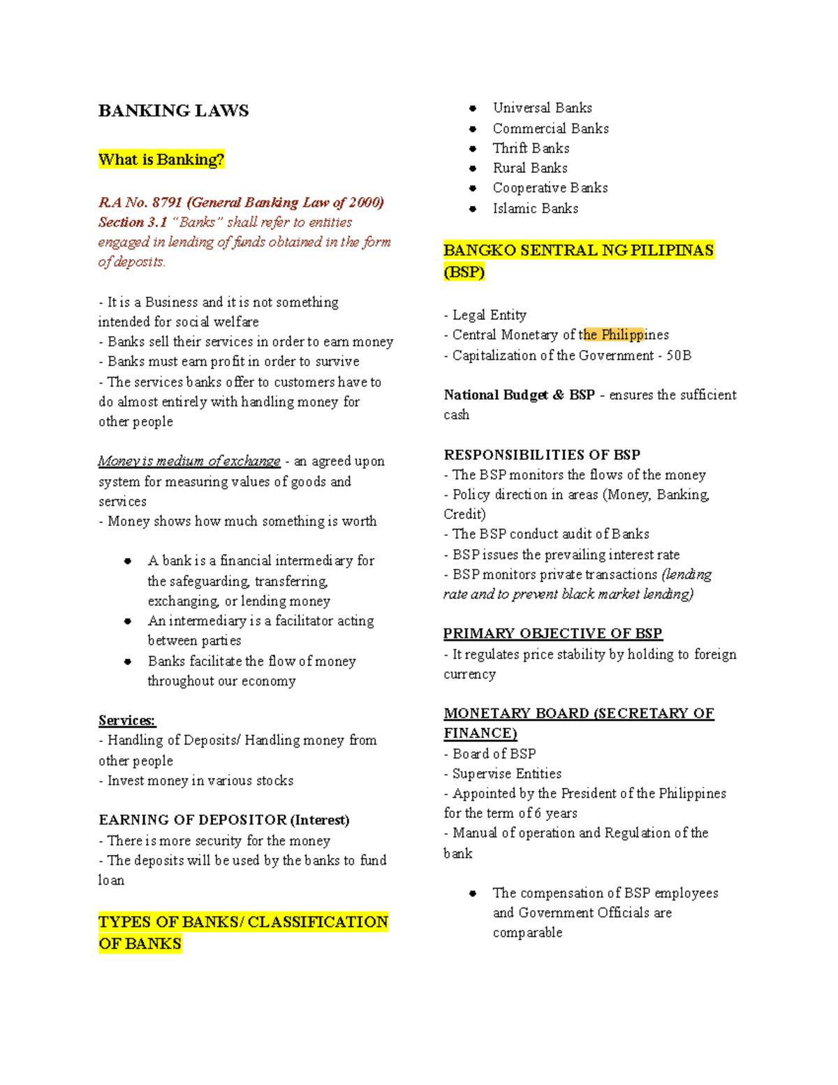 Banking LAWS - BANKING LAWS What is Banking? R No. 8791 (General ...