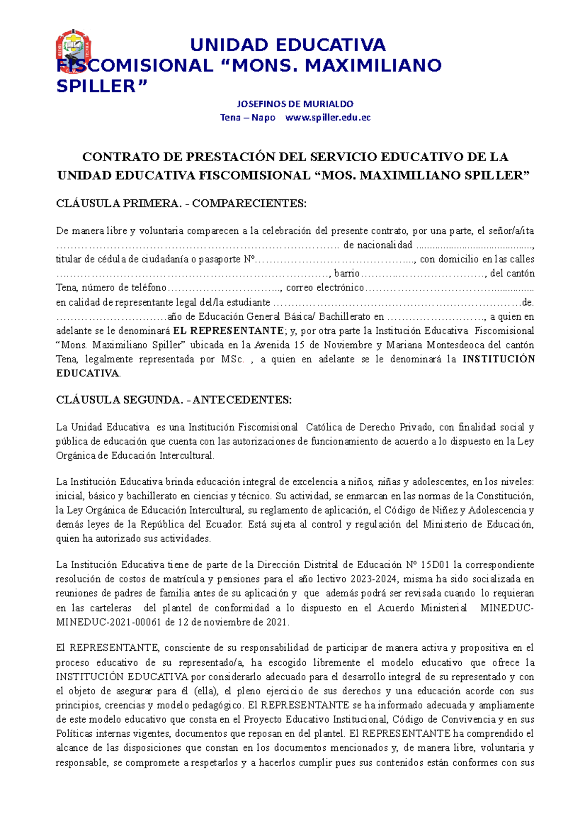 Contrato Educativo 2023-2024 - FISCOMISIONAL “MONS. MAXIMILIANO SPILLER ...