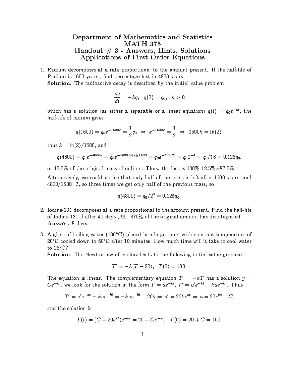 Handout 3sol 375 - Department of Mathematics and Statistics MATH 375 ...