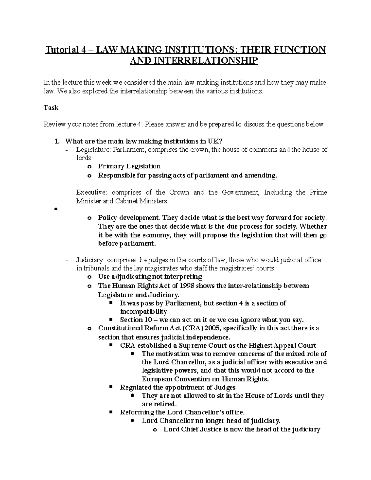 Tutorial 4 - Tutorial 4 – LAW MAKING INSTITUTIONS: THEIR FUNCTION AND ...