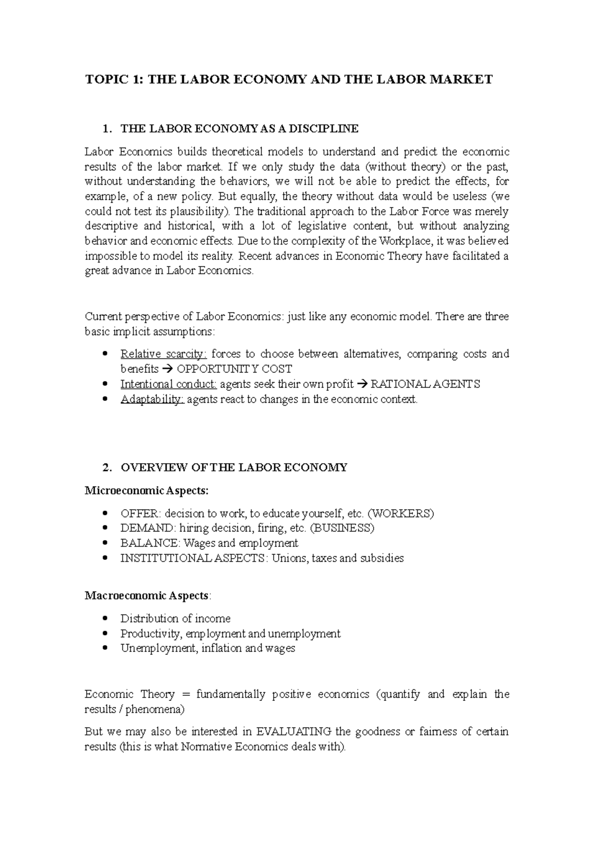 UNIT 1 - Lecture notes 1 - TOPIC 1: THE LABOR ECONOMY AND THE LABOR ...