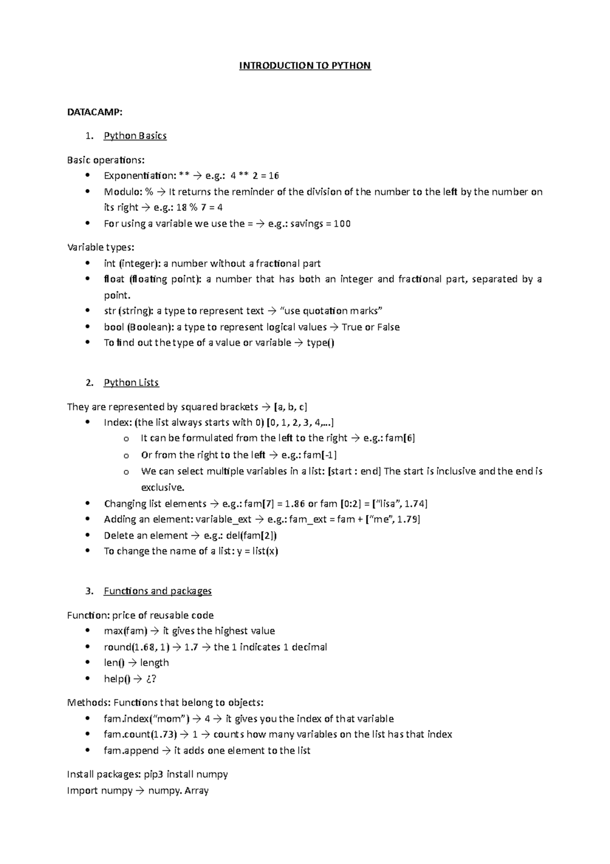 Introduction To Python coding - summary document of datacamp learnings ...