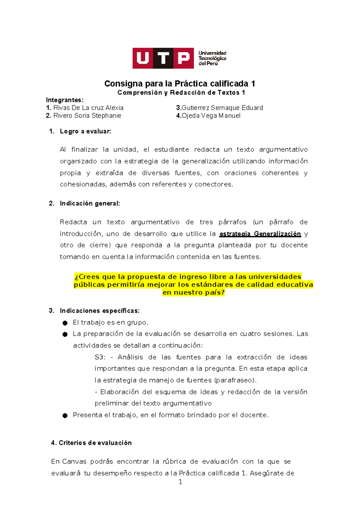 U2 GC N01I PC1Consigna 24V (C) Cqnzbd - Consigna para la Práctica calificada 1 Comprensión y ...