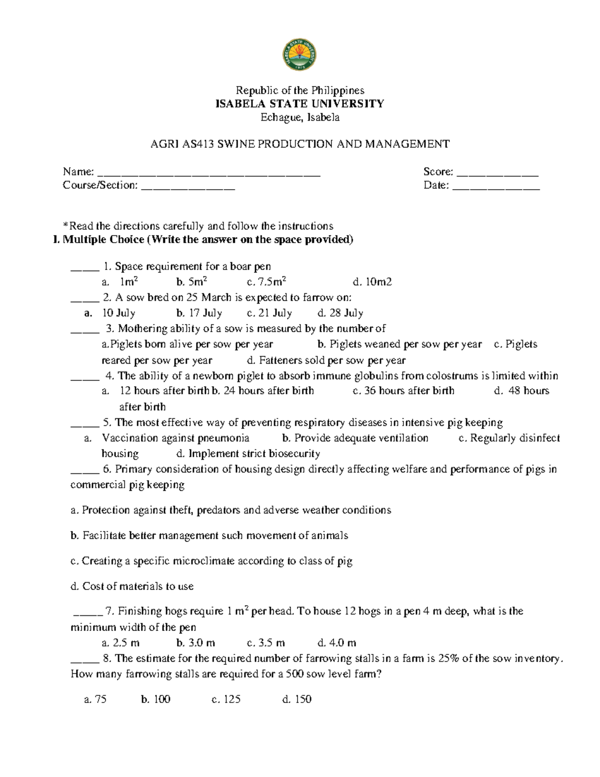 Final exam-2 - Good - Republic of the Philippines ISABELA STATE UNIVERSITY Echague, Isabela AGRI ...
