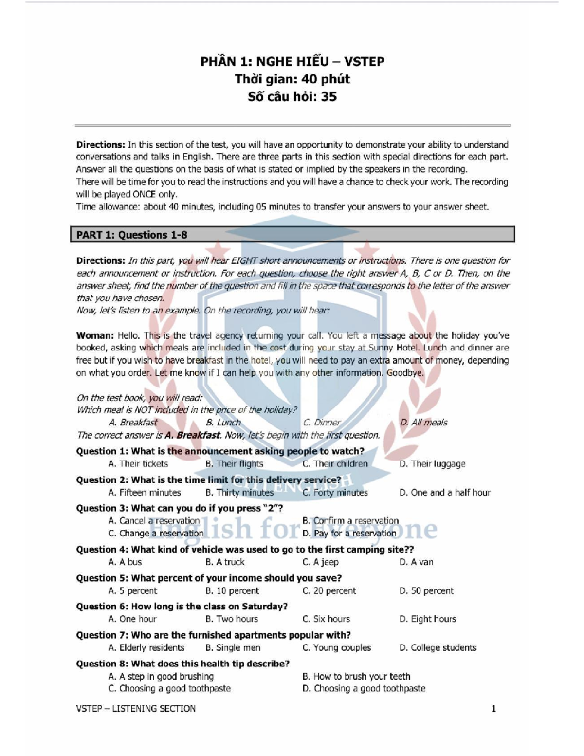 Mau de thi tieng anh B2 Vstep - PHAN 1: NGHE HIEU VSTEP Thdi gian: 40 phut S6 cau hoi: 35 - Studocu