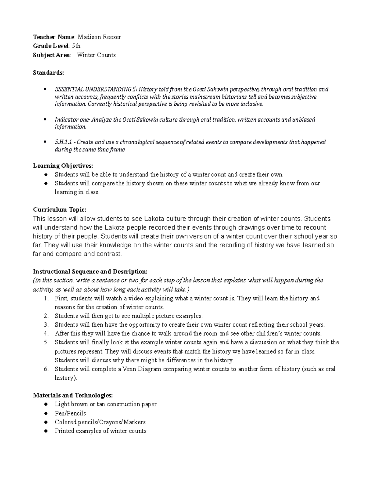 Winter Counts Lesson Plan - Teacher Name: Madison Reeser Grade Level ...
