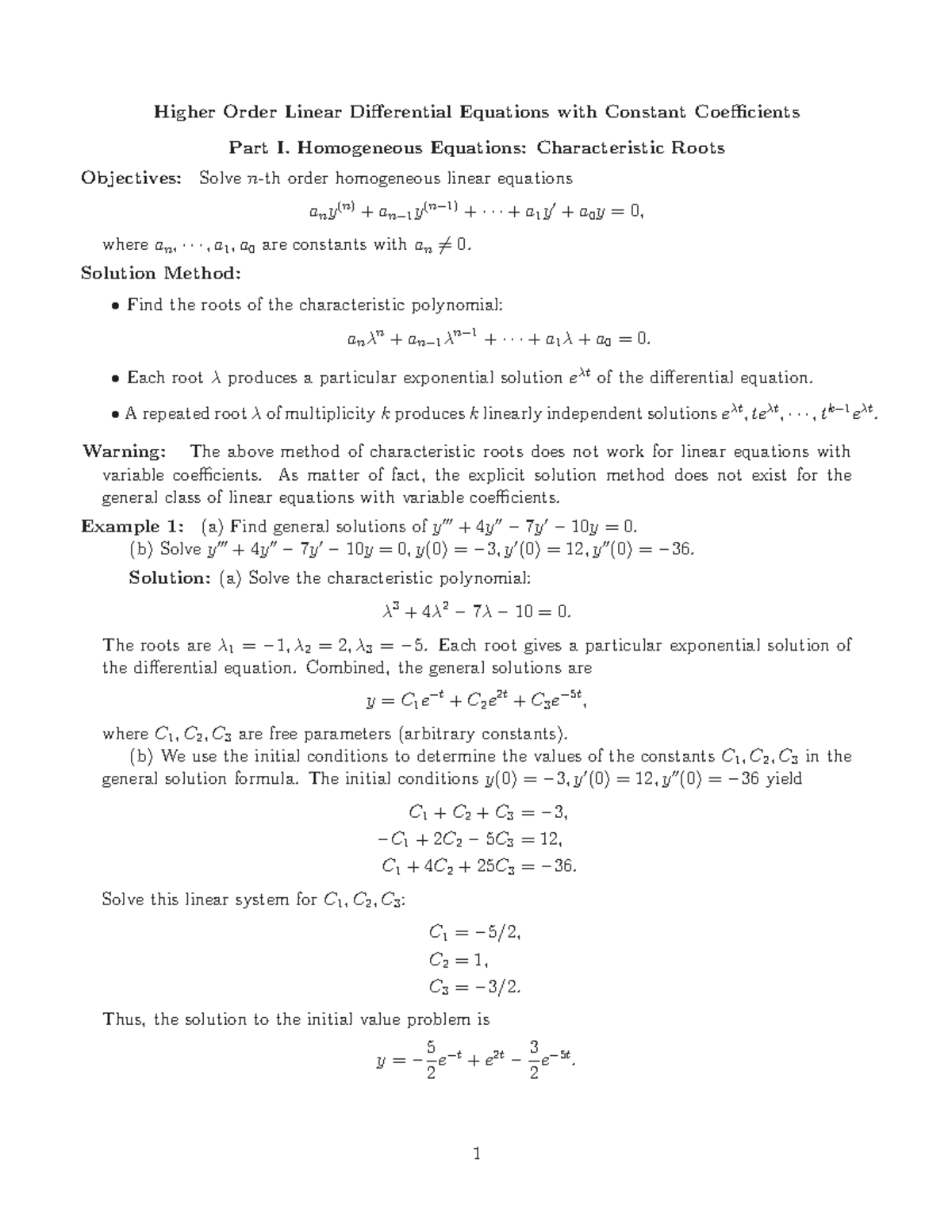 Nth ord eq - Higher Order Linear Differential Equations with Constant Coefficients Part I. - Studocu