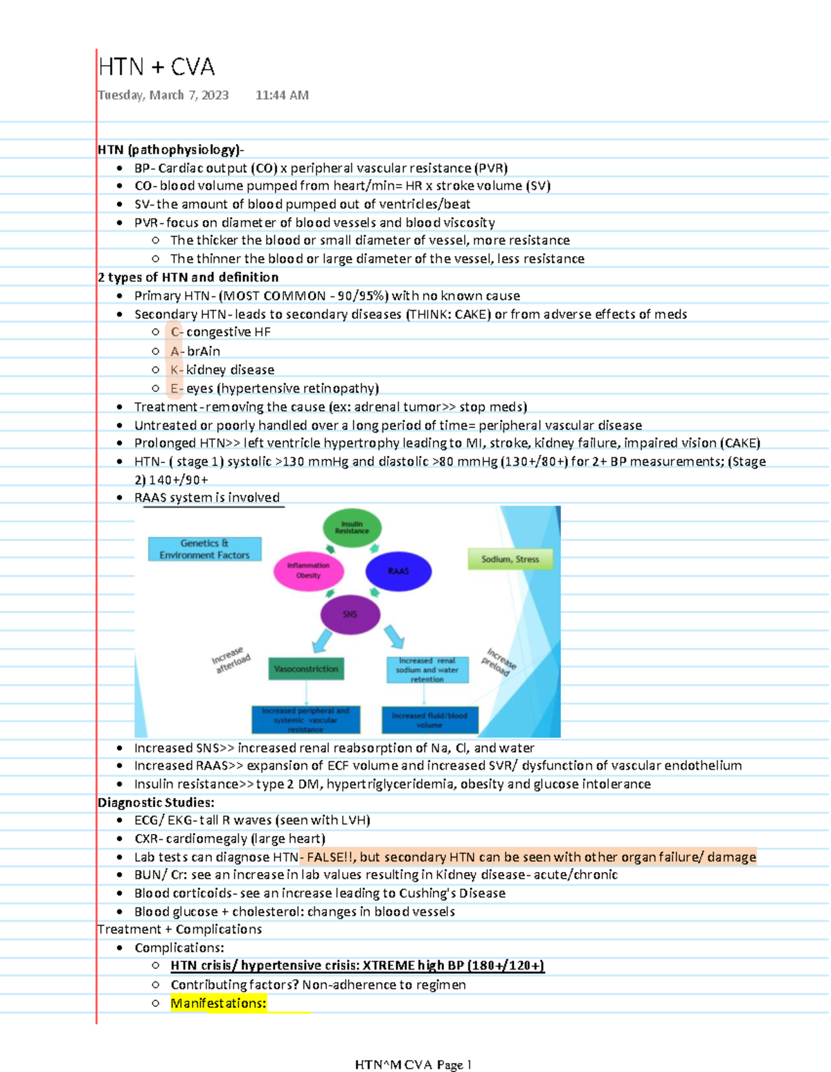 HTN + CVA notes - Hypertension and cerebral vascular accidents also ...