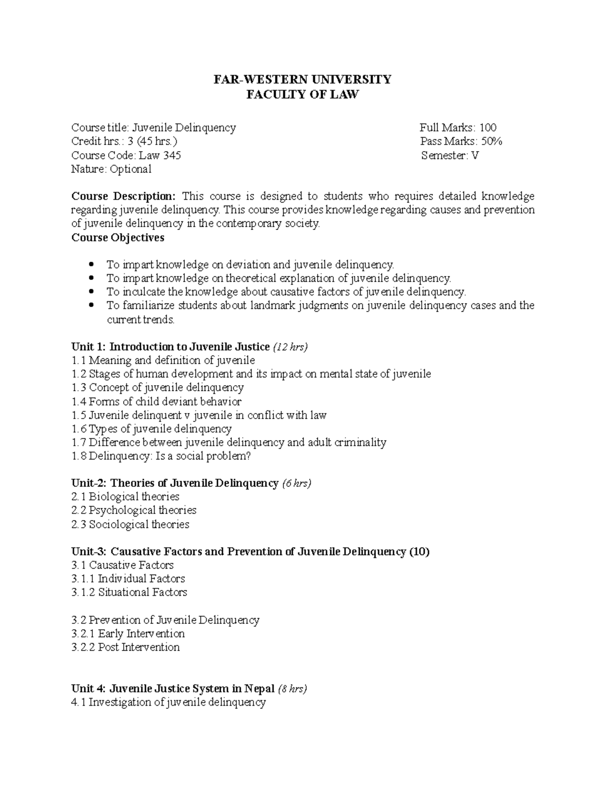 Juvenile Delinquency - BALLB progRAM - FAR-WESTERN UNIVERSITY FACULTY ...