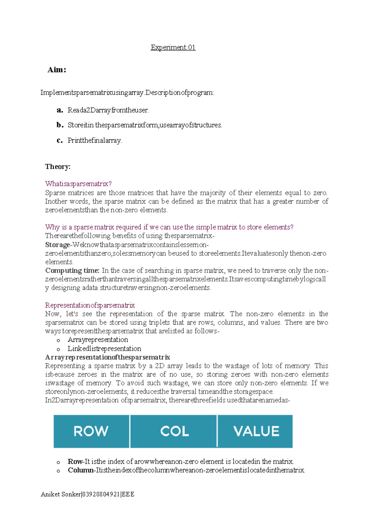 DSAfile mohit - Aim: Experiment: Implementsparsematrixusingarray: a ...