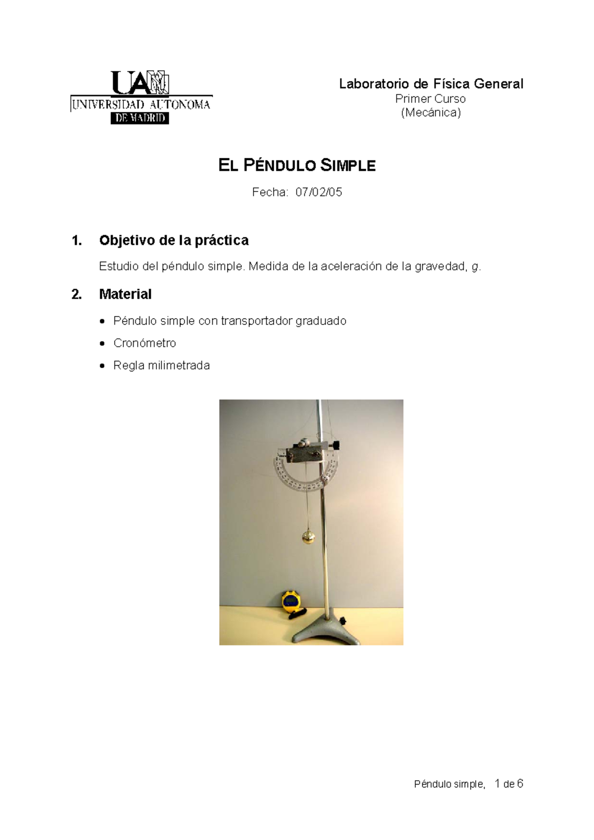Pendulo-Simp - Péndulo - Laboratorio de Física General Primer Curso (Mecánica) EL PÉNDULO SIMPLE ...