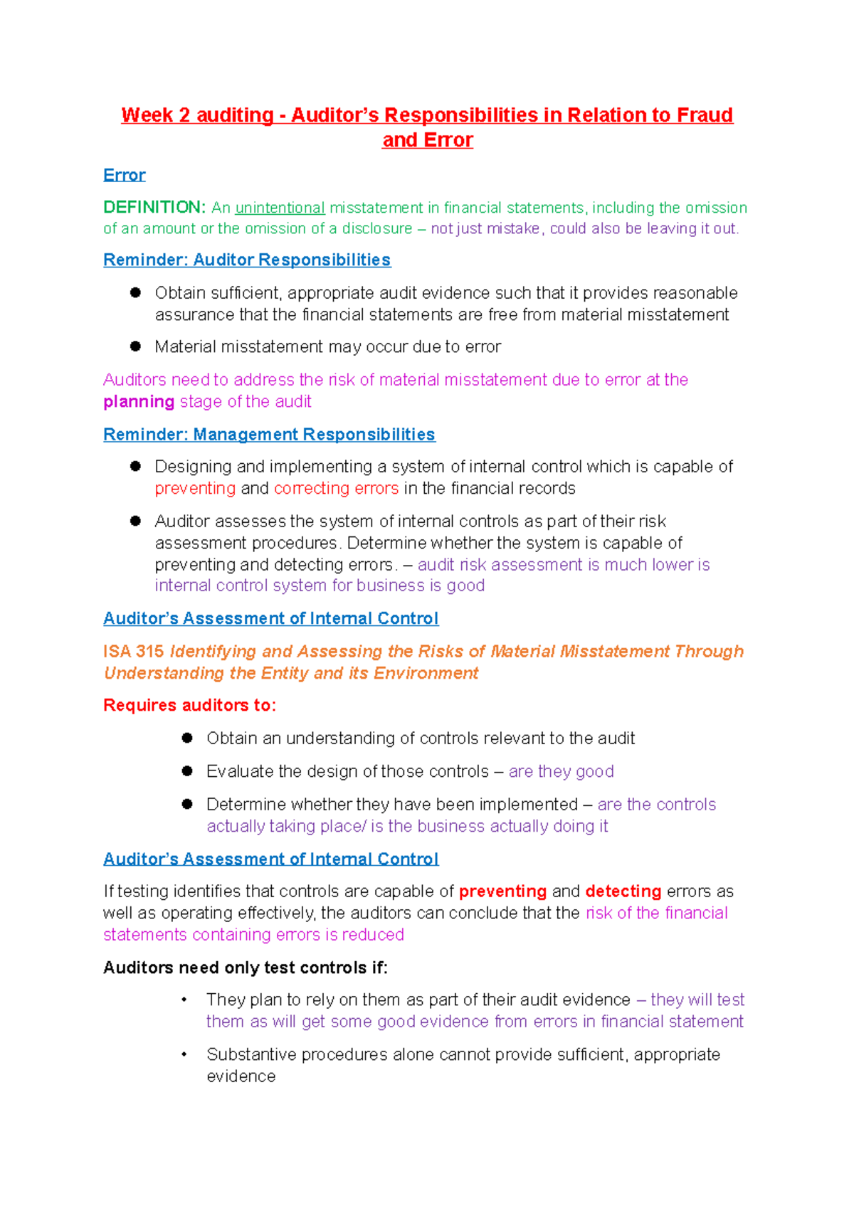 Week 2 auditing Fraud AND Error - Week 2 auditing - Auditor’s Responsibilities in Relation to ...
