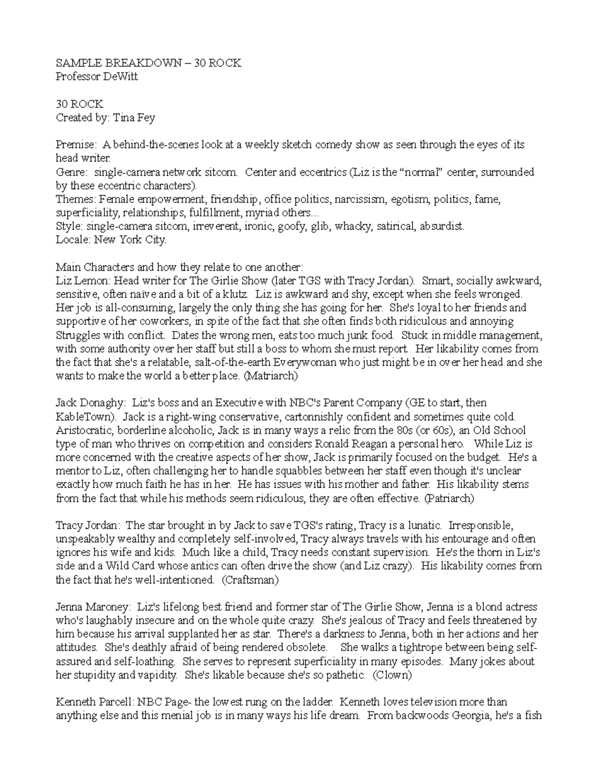 Sample Breakdown - 30 Rock - SAMPLE BREAKDOWN – 30 ROCK Professor ...