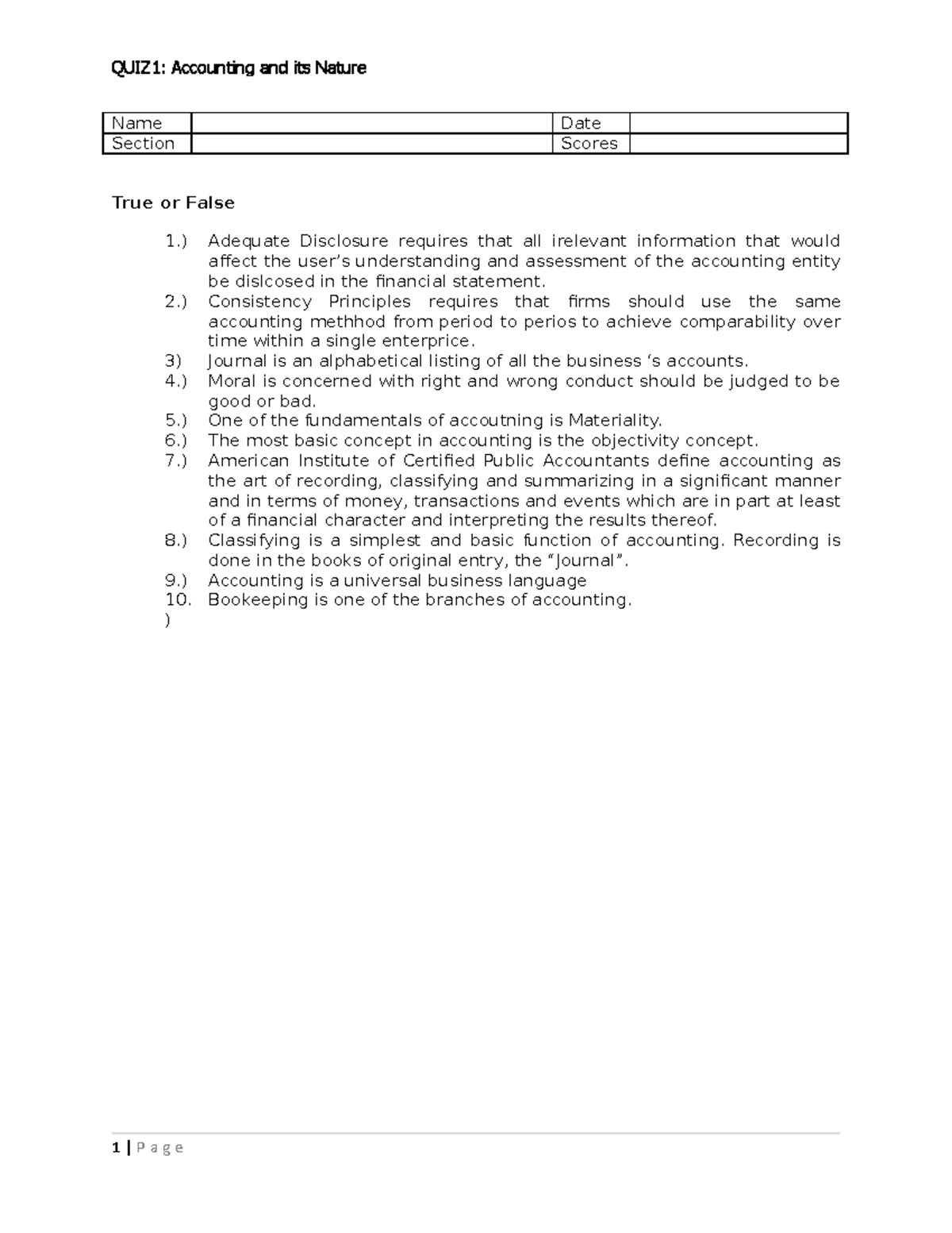 First Quiz Accounting and its Nature - Basic Accounting - Studocu