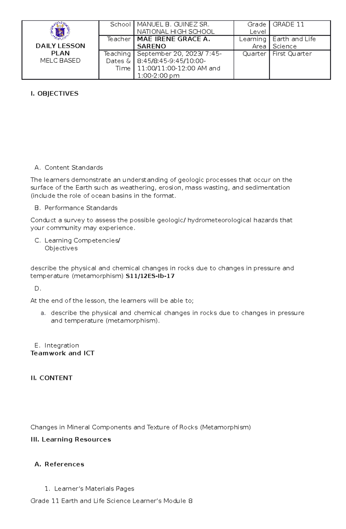 Lesson-Plan ELS 7 - dll - DAILY LESSON PLAN MELC BASED School MANUEL B ...