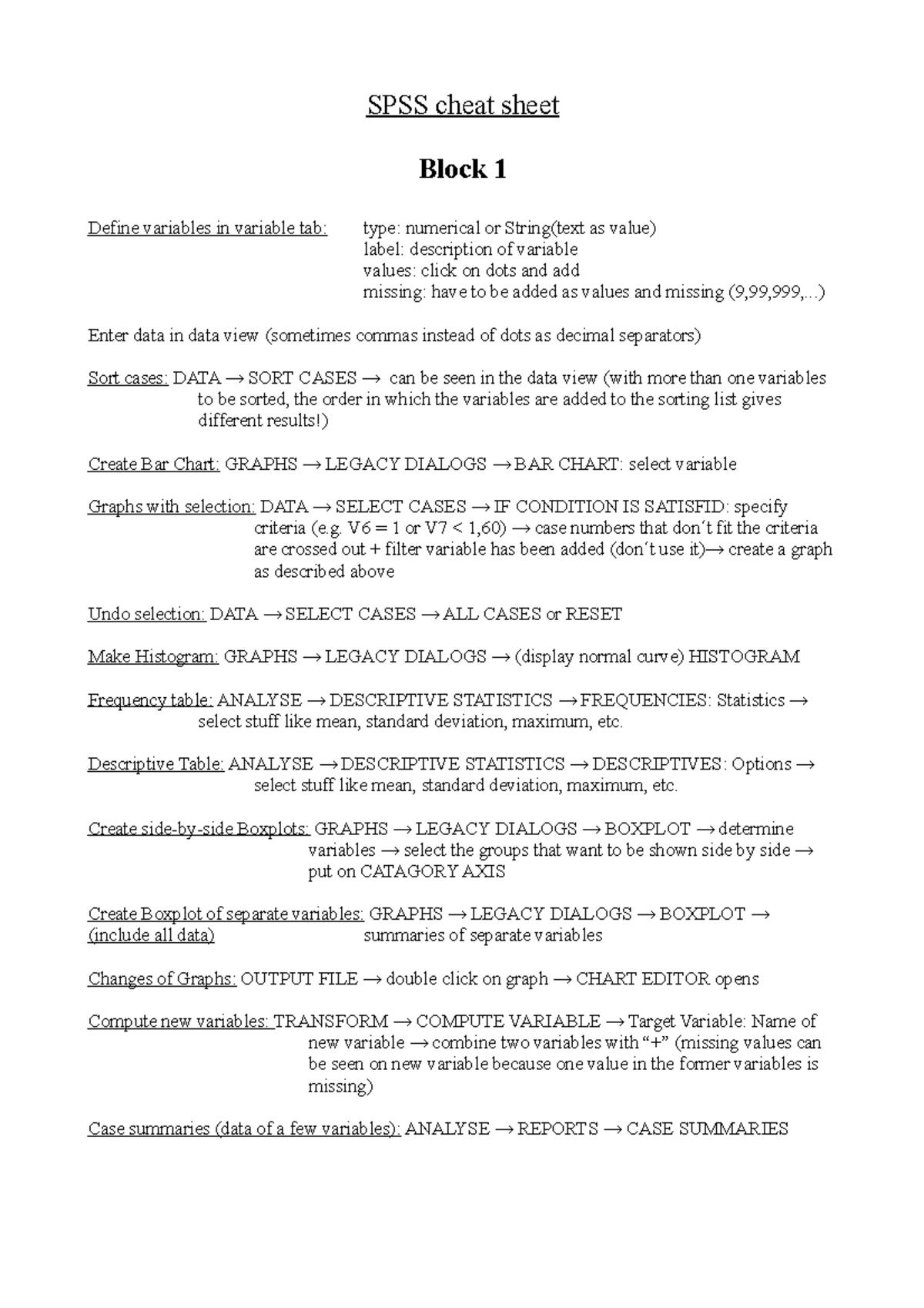 SPSS cheat sheet - for year 1 and 2 of statistics - SPSS cheat sheet ...