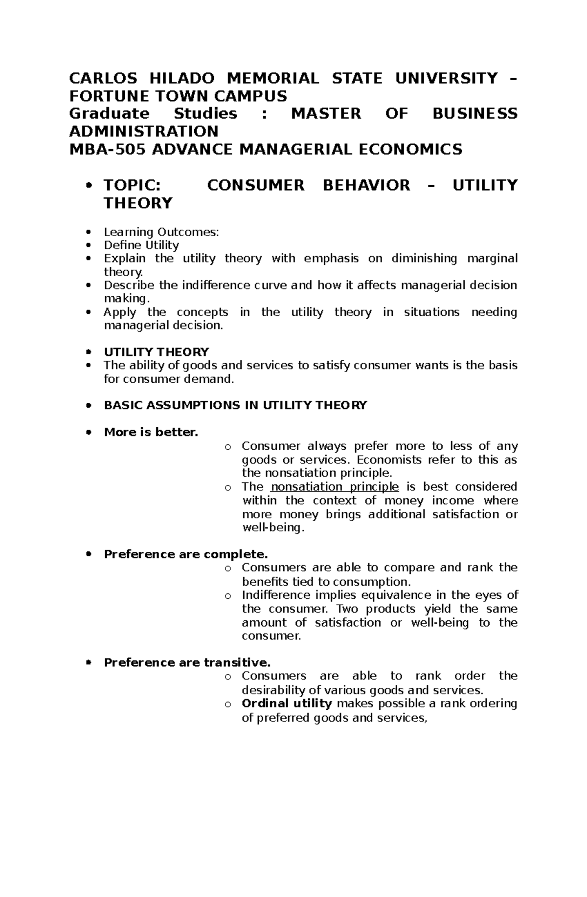 Consumer Behavior AND Utility Theory - CARLOS HILADO MEMORIAL STATE ...