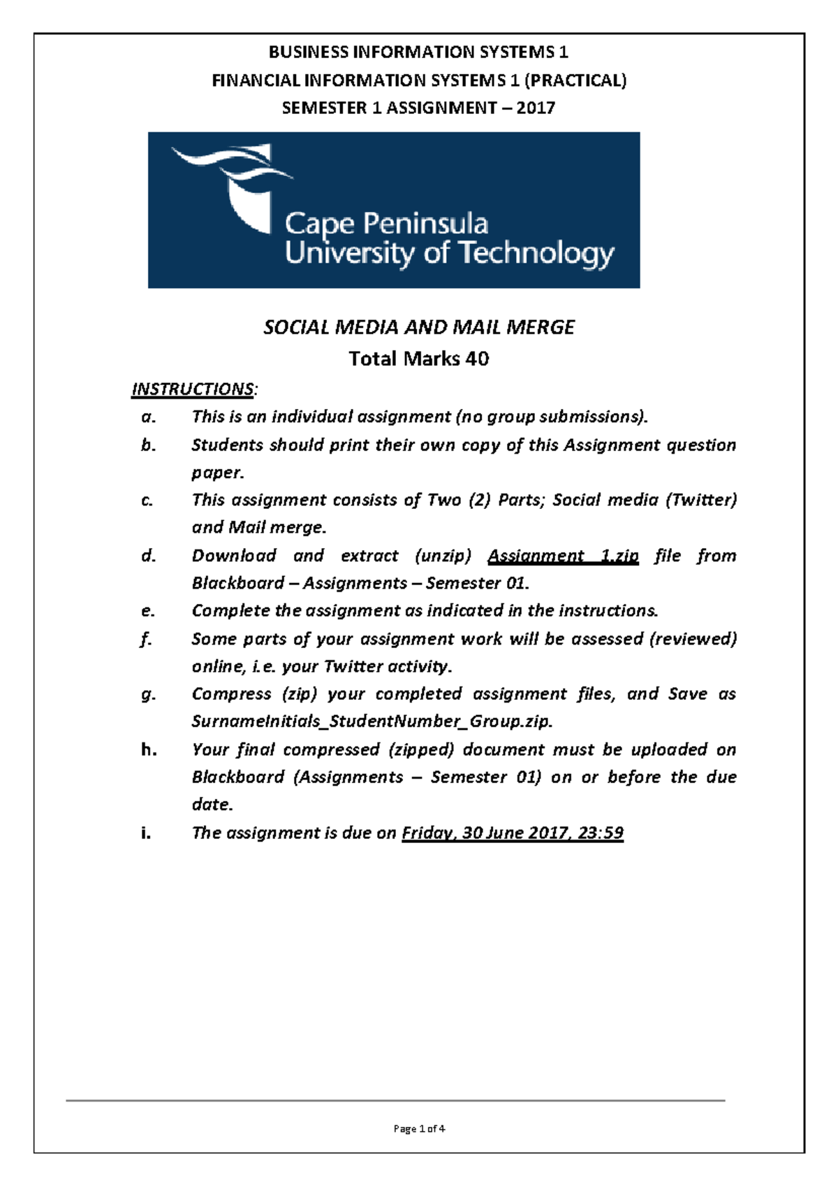 Assignment Question Paper - BUSINESS INFORMATION SYSTEMS 1 FINANCIAL ...