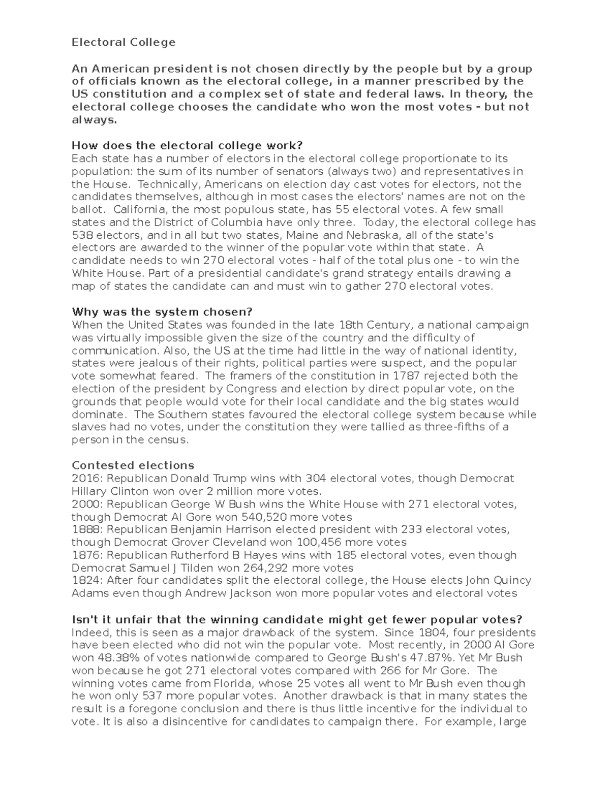 Ch 6 Electoral College - Electoral College An American president is not ...