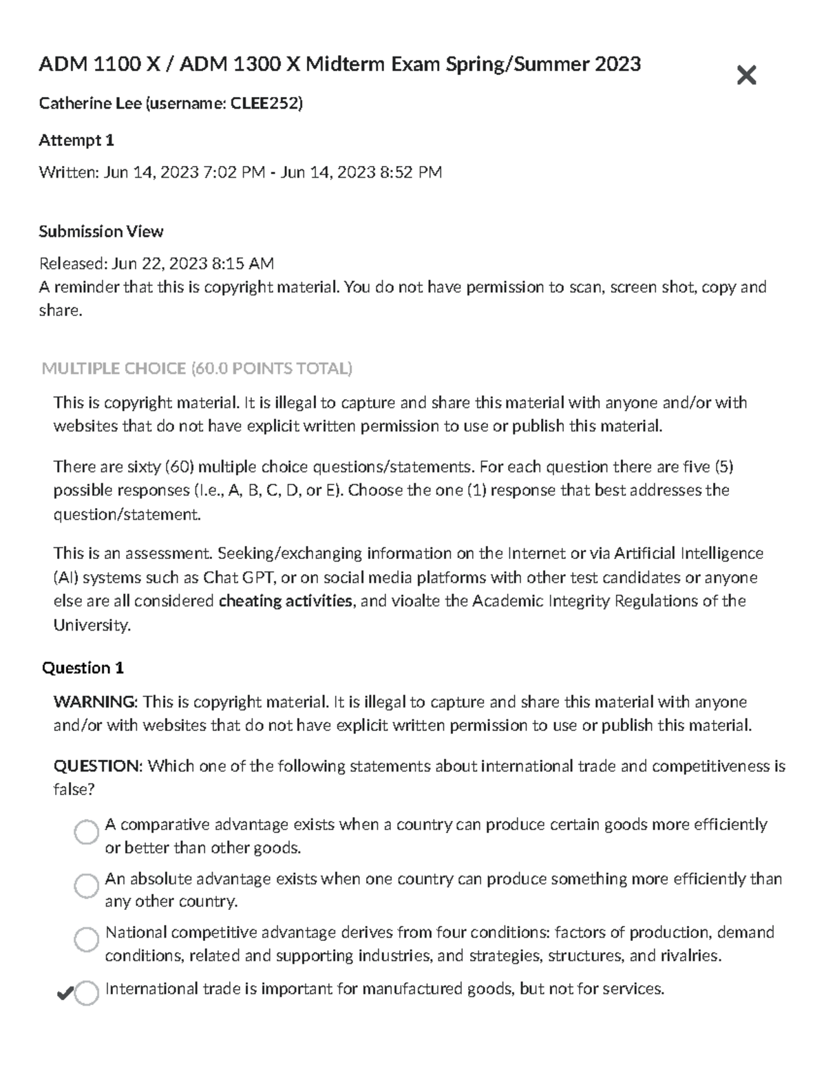 ADM 1100 Midterm Exam Spring Summer 2023 - ADM 1100 X / ADM 1300 X ...