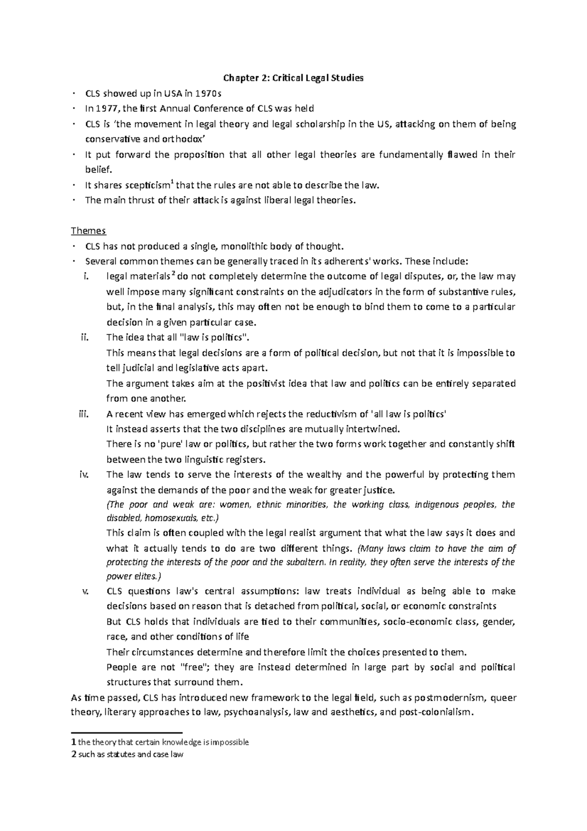 Juris Notes Chapter 2 CLS - Chapter 2: Critical Legal Studies CLS ...