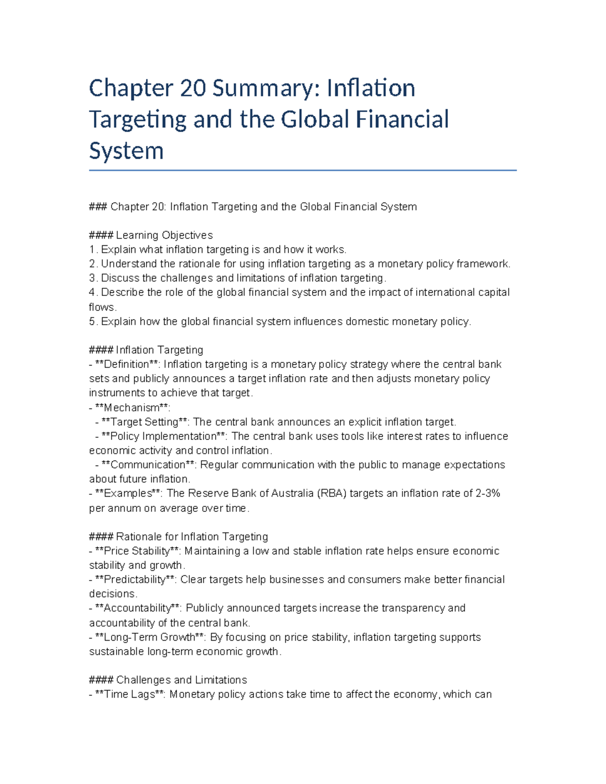 Chapter 20 Summary - Chapter 20 Summary: Inflation Targeting and the ...