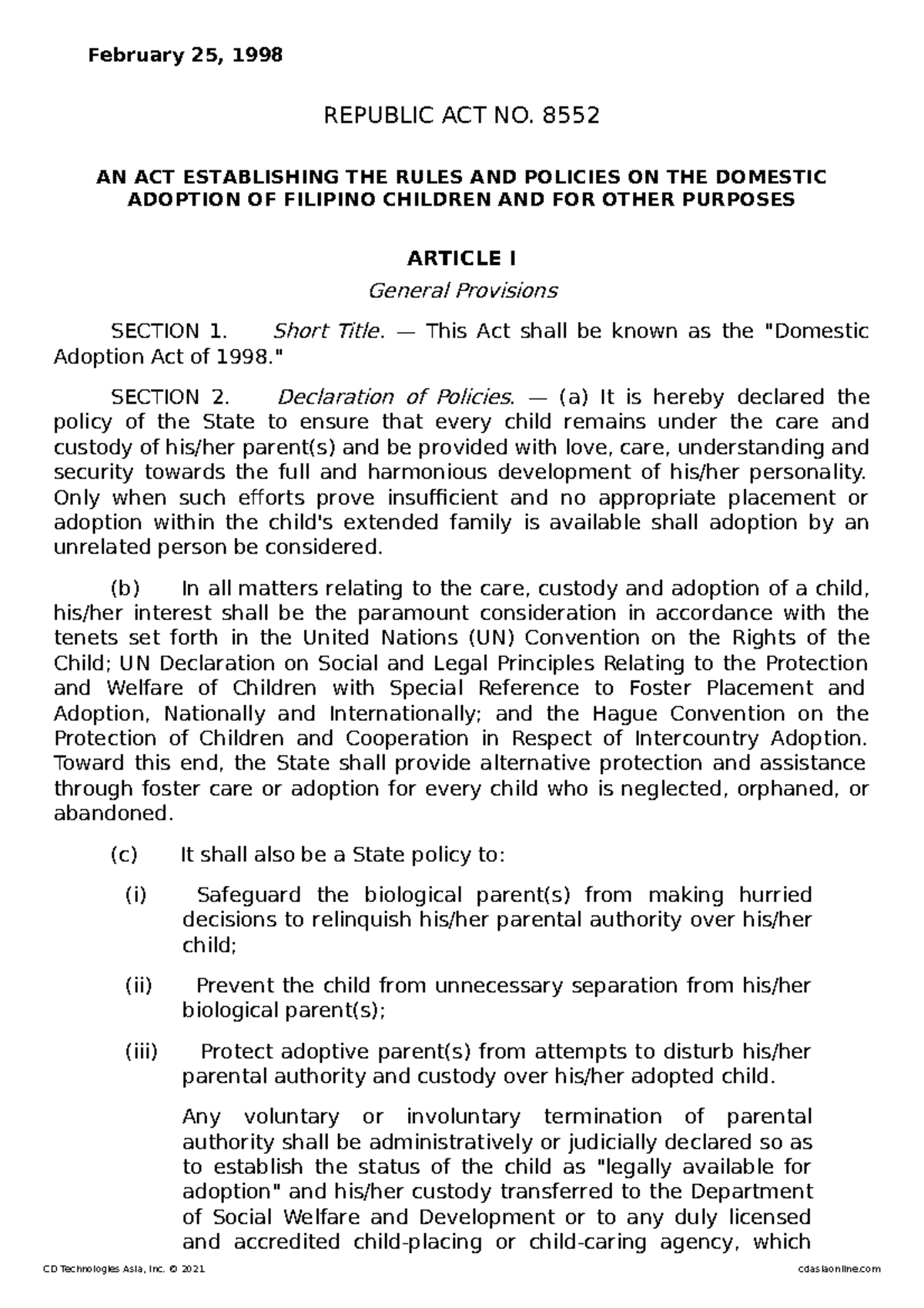 Republic Act No. 8552 - Domestic Adoption Act of 1998 - February 25 ...