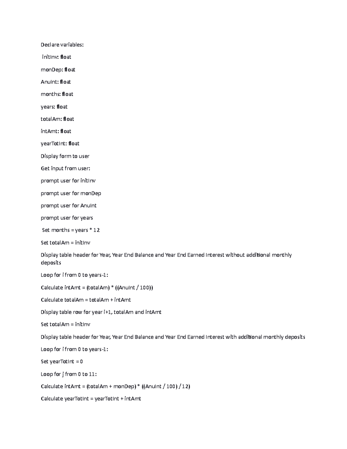 CS+210+Pseudocode+and+flowchart - Declare variables: initInv: float ...
