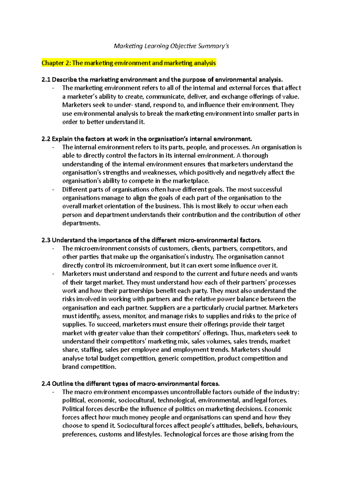 Marketing Foundations Learning Objective Summary's 2021 - Marketing ...