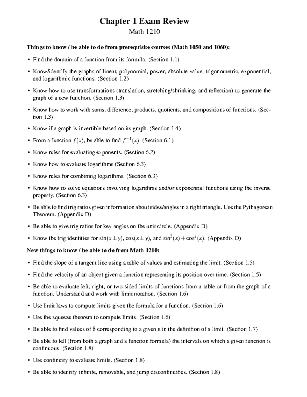 Chapter 1Exam Review - Chapter 1 Exam Review Math 1210 Things to know ...