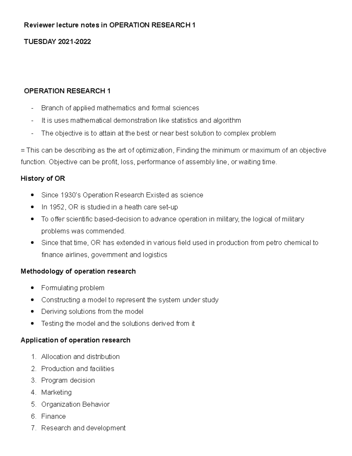 Lecture reviewer in Operation- Research 1 - Reviewer lecture notes in ...