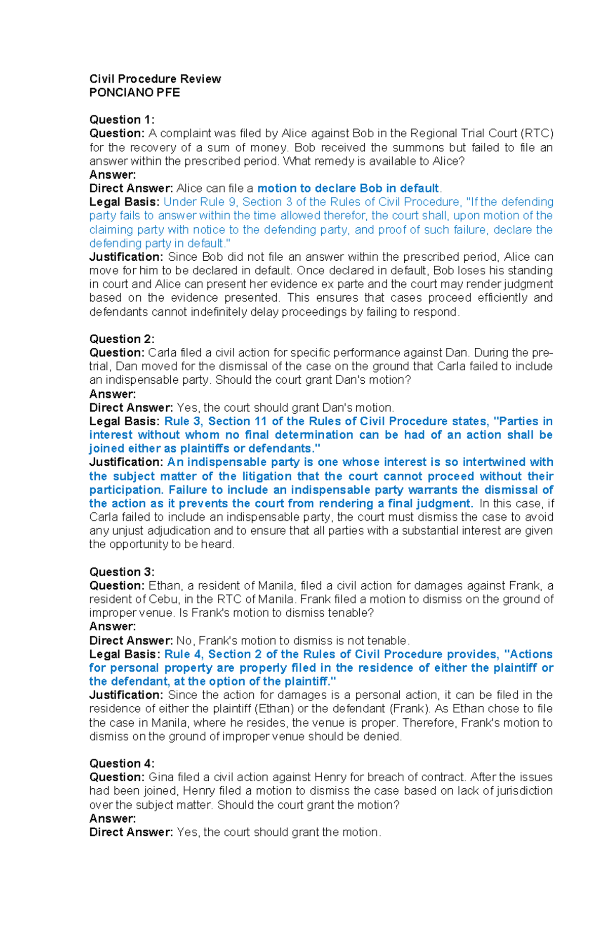 Final Exam Review - Civil Procedure Review PONCIANO PFE Question 1 ...