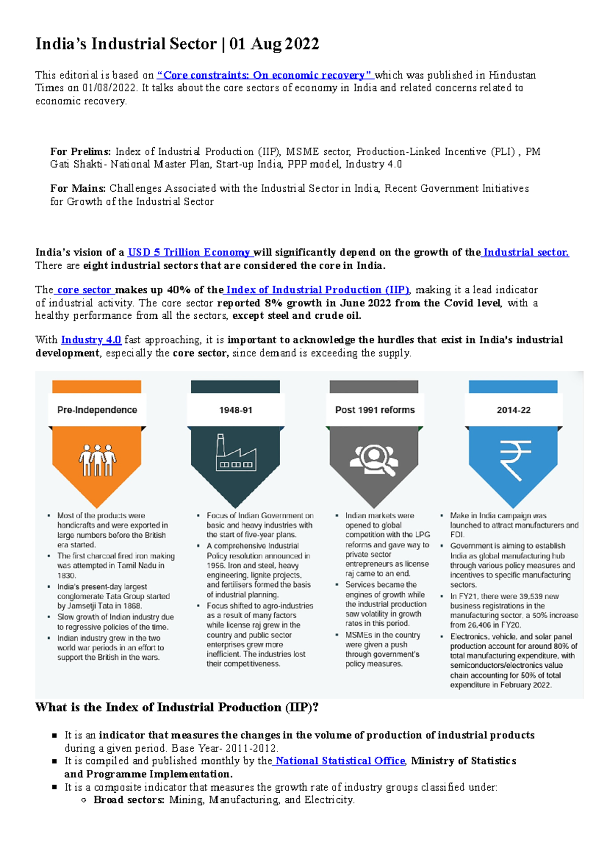 India’s Industrial Sector - It talks about the core sectors of economy ...