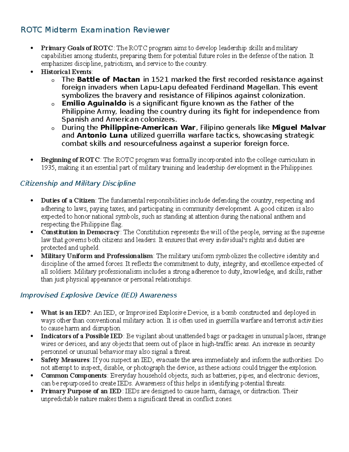 Midterm- Reviewer - .afawfawfaw - ROTC Midterm Examination Reviewer Primary Goals of ROTC: The ...