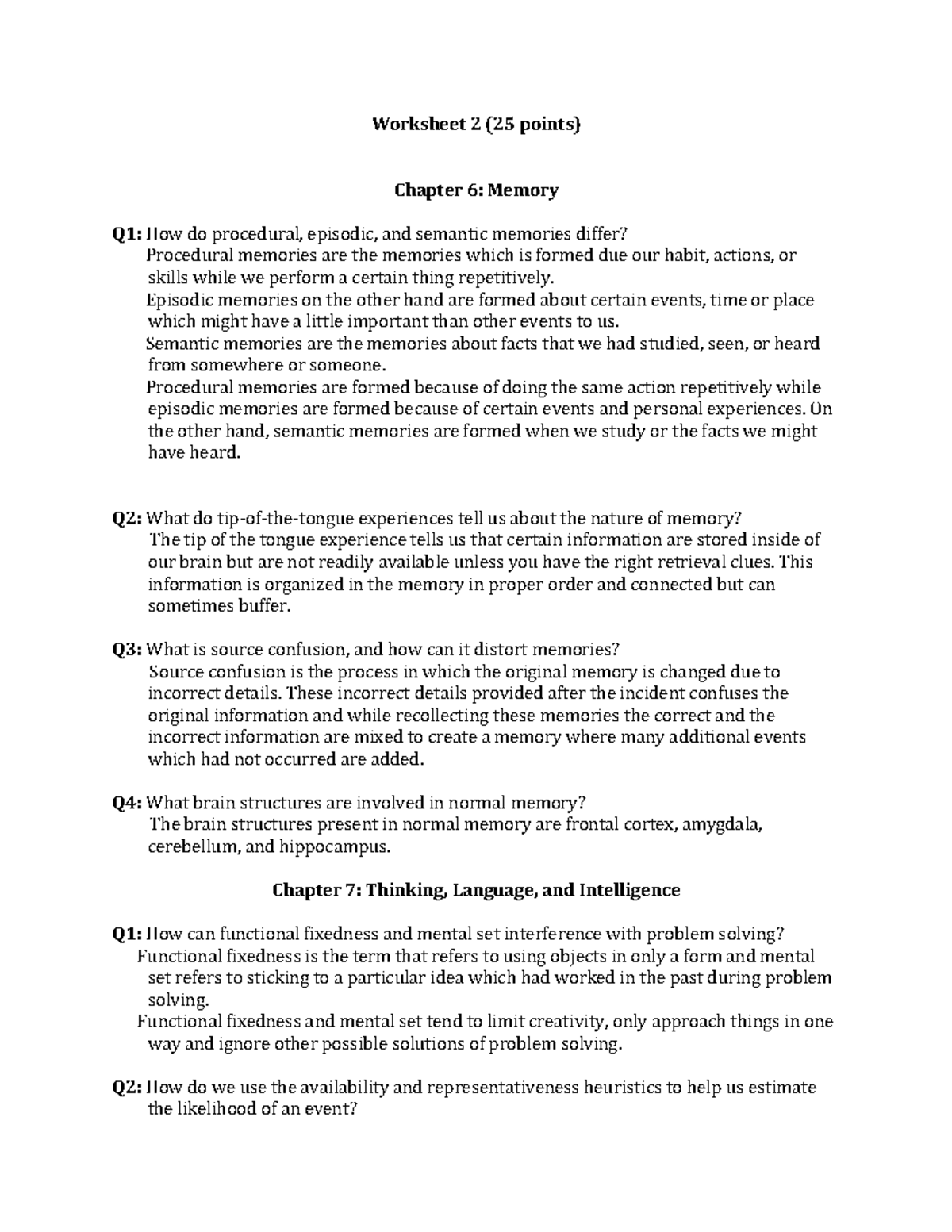 Worksheet 2 - Worksheet 2 (25 points) Chapter 6: Memory Q1: How do procedural, episodic, and ...