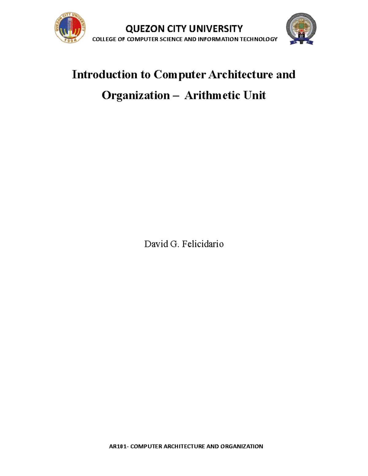 Arithmetic Unit Notes - AR101 - COLLEGE OF COMPUTER SCIENCE AND ...