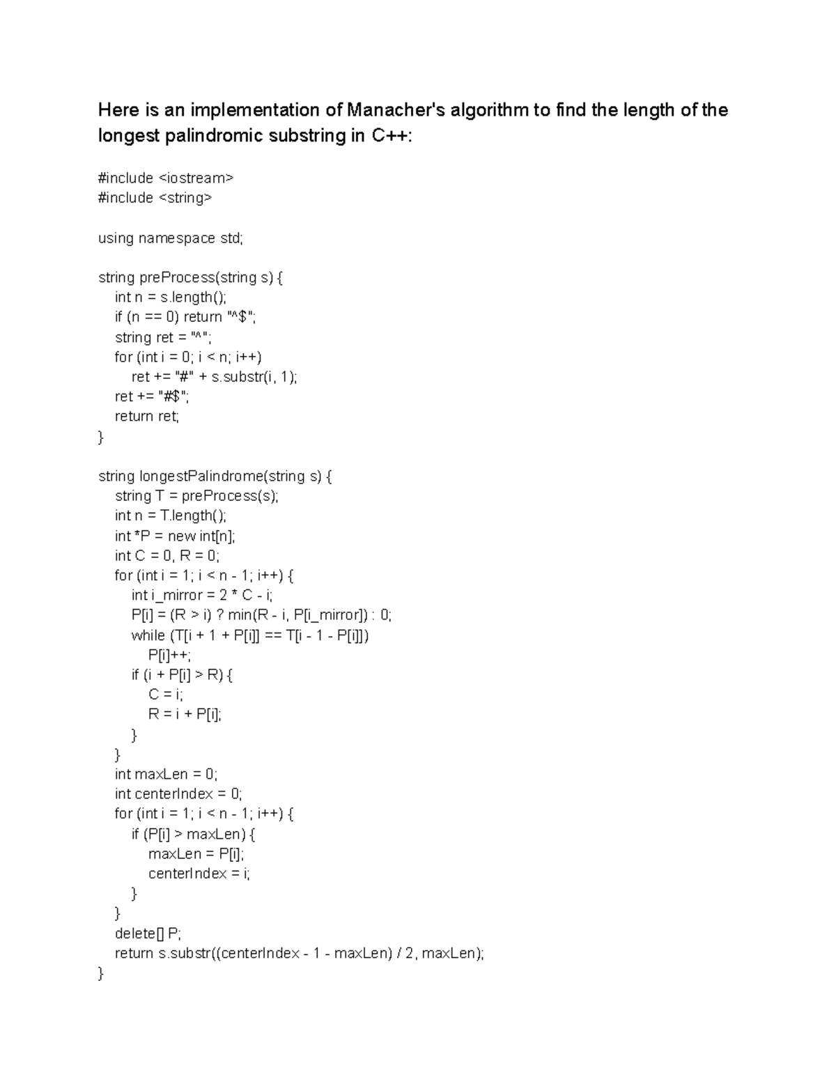 Longest Palindromic Substring The Function First Calls The Preprocess Function Which Adds