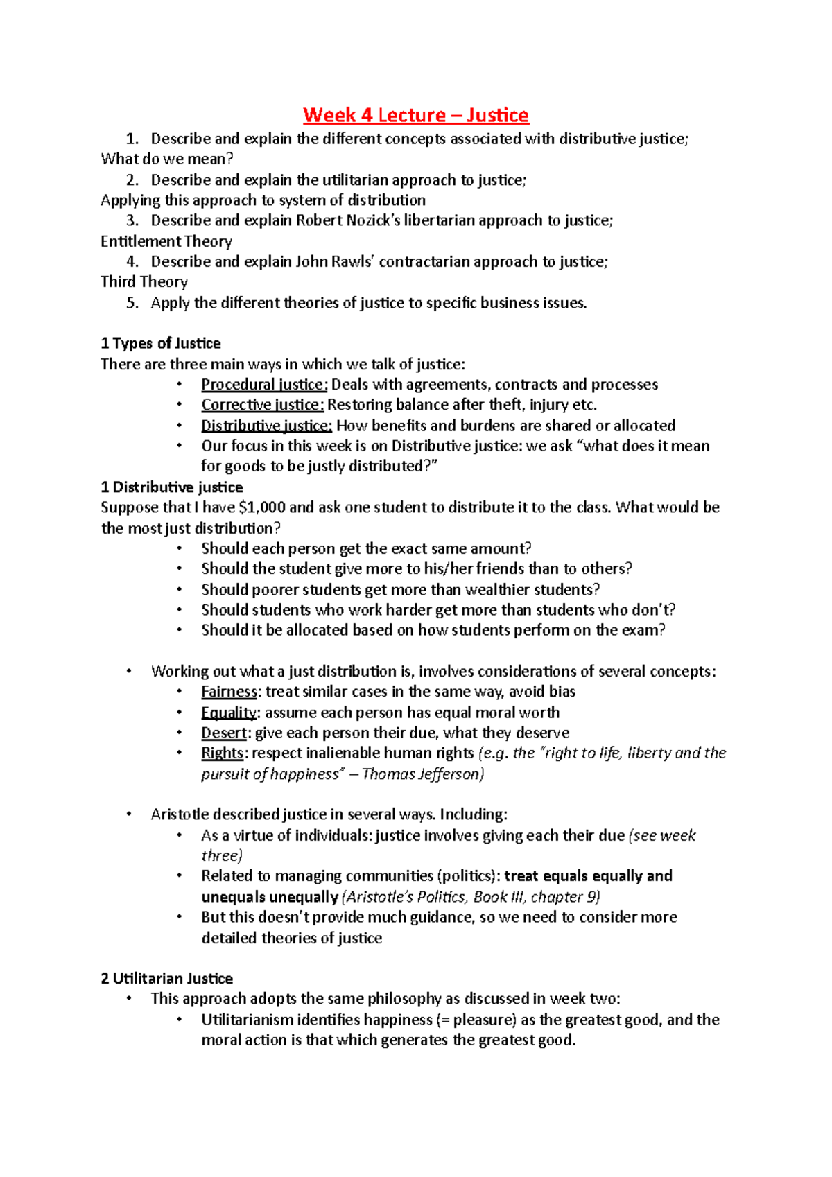 Week 4 Lecture - Week 4 Lecture – Justice Describe and explain the ...