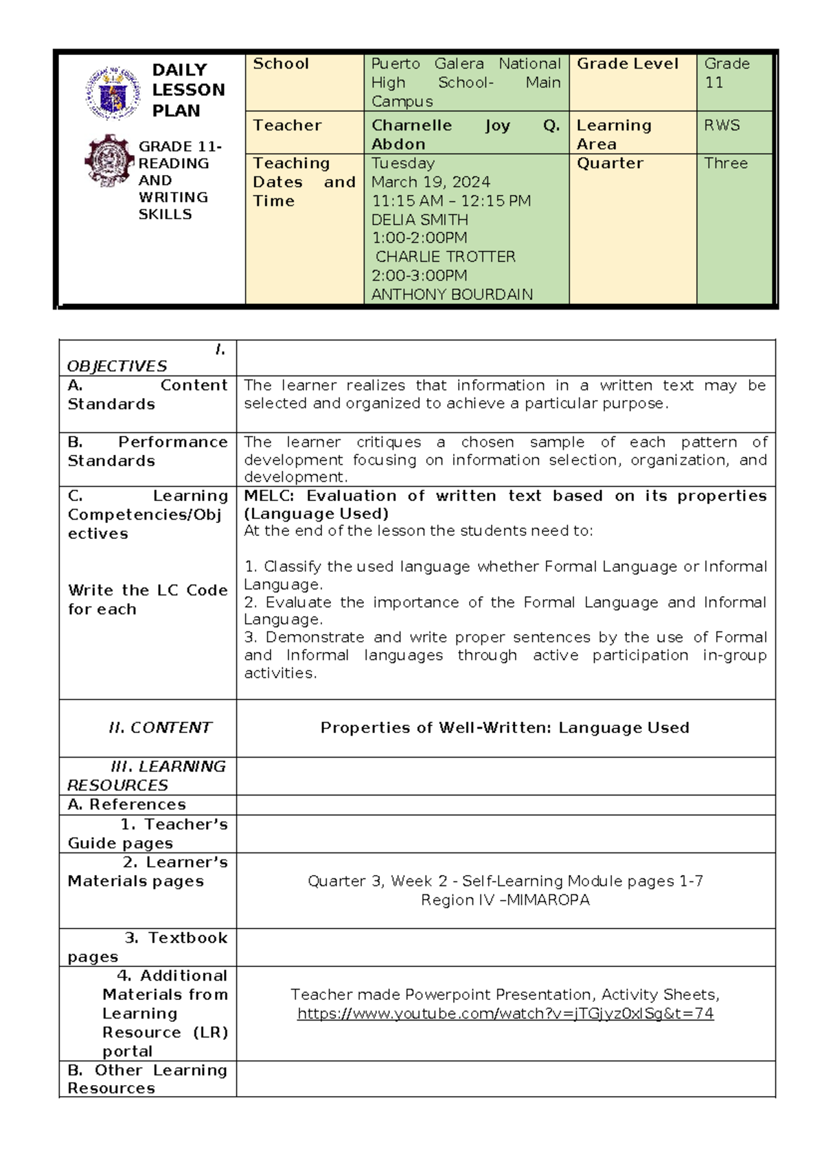 DLL Language used - School Puerto Galera National High School- Main ...
