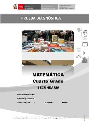 Prueba Diagn+ Stica DEL + REA DE Matem+ TICA 5 - MATEMÁTICA Quinto Grado SECUNDARIA - Studocu
