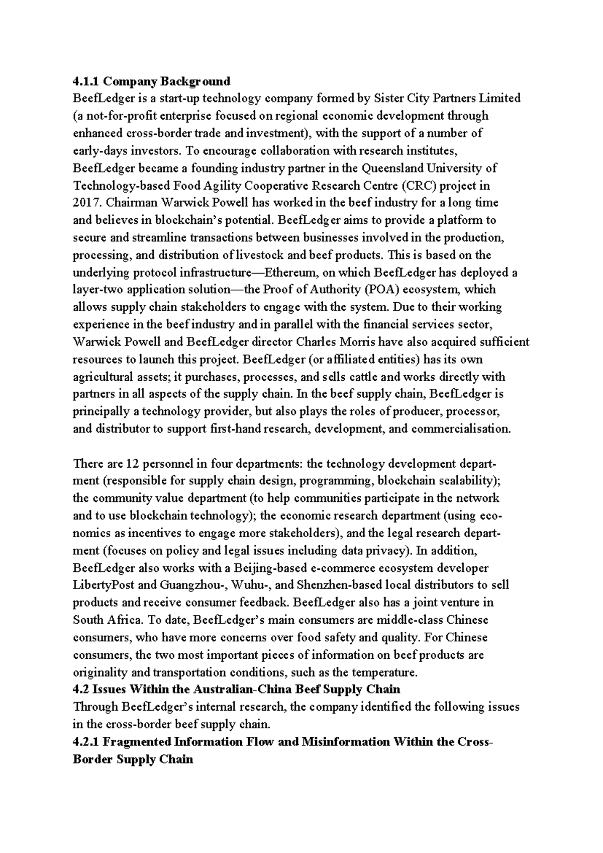 Beef case - Case - 4.1 Company Background BeefLedger is a start-up ...