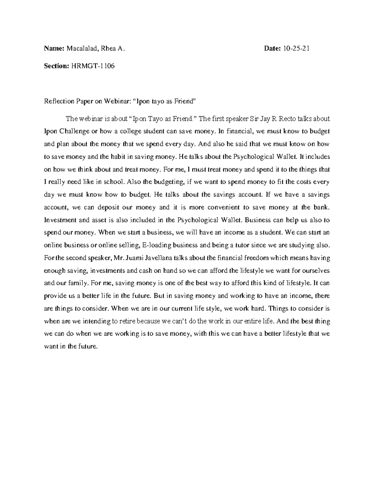 Reflection - Name: Macalalad, Rhea A. Date: 10-25- Section: HRMGT ...