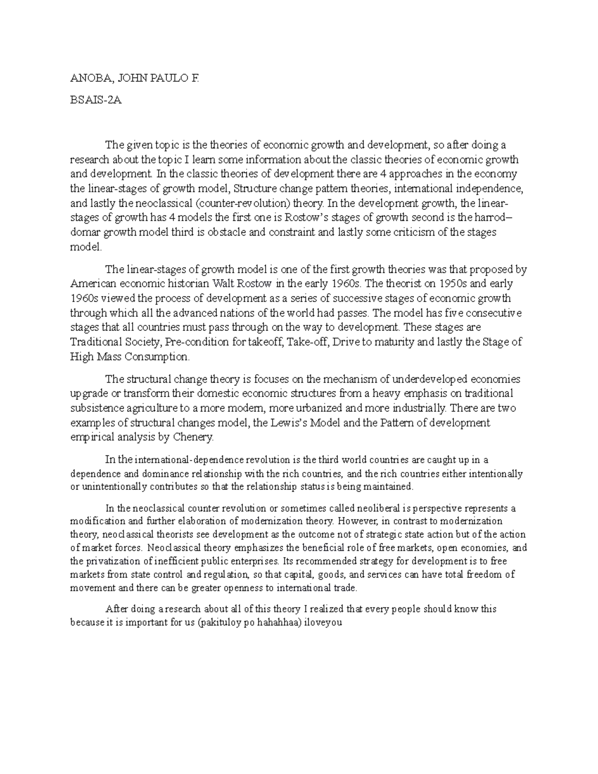 Anoba eco dev - it is good - ANOBA, JOHN PAULO F. BSAIS-2A The given ...